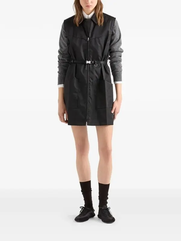 Prada Sleeveless Belted Dress With Front Zipper And Patch Pockets