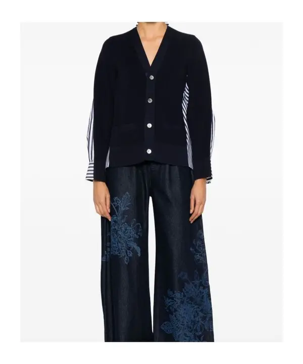 Sacai V-neck Cotton Cardigan With Striped Accents