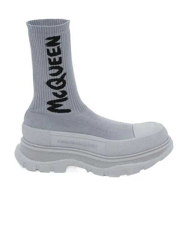 Alexander McQueen Logo Printed Sock-style Boots - Gray