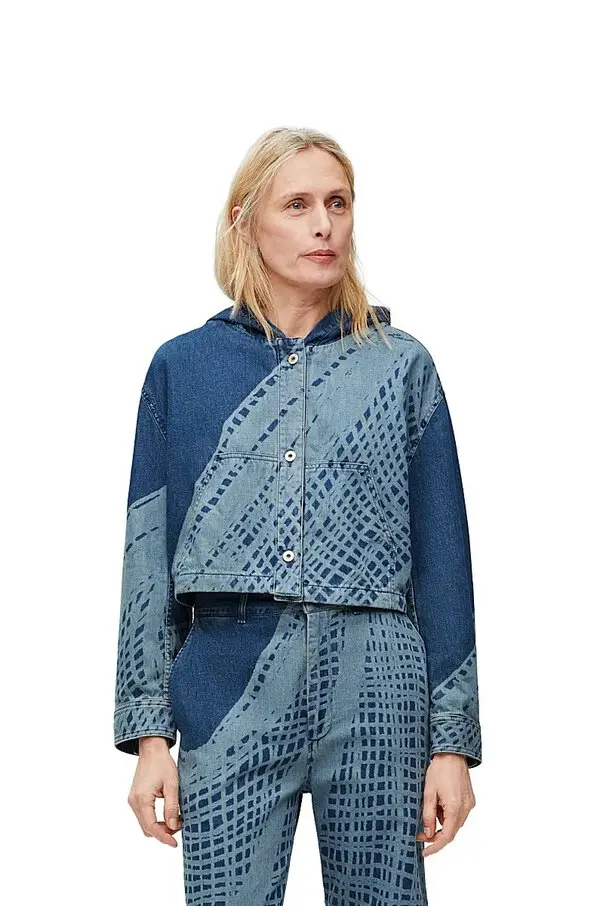 Loewe Cropped Hooded Denim Jacket With Laser-printed Pattern