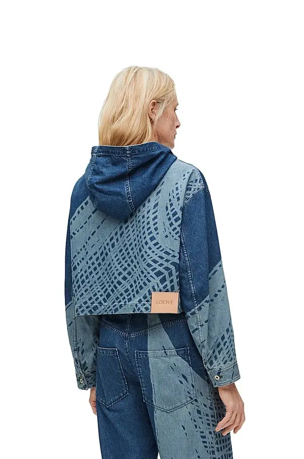 Loewe Cropped Hooded Denim Jacket With Laser-printed Pattern
