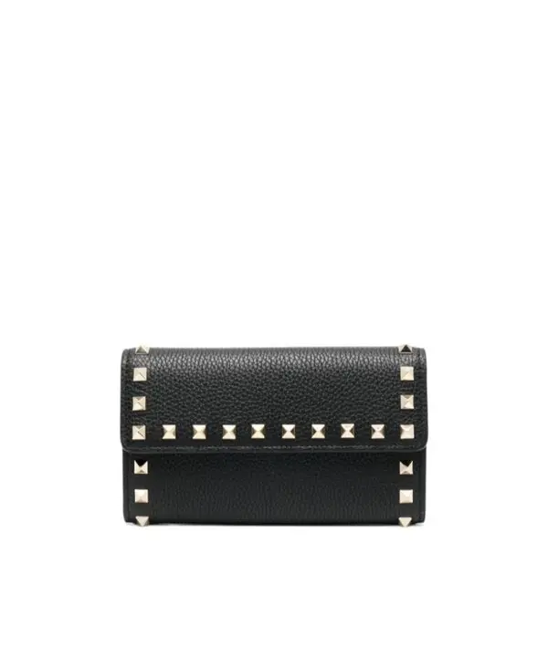Valentino Garavani Rockstud Wallet In Grainy Calfskin - Black