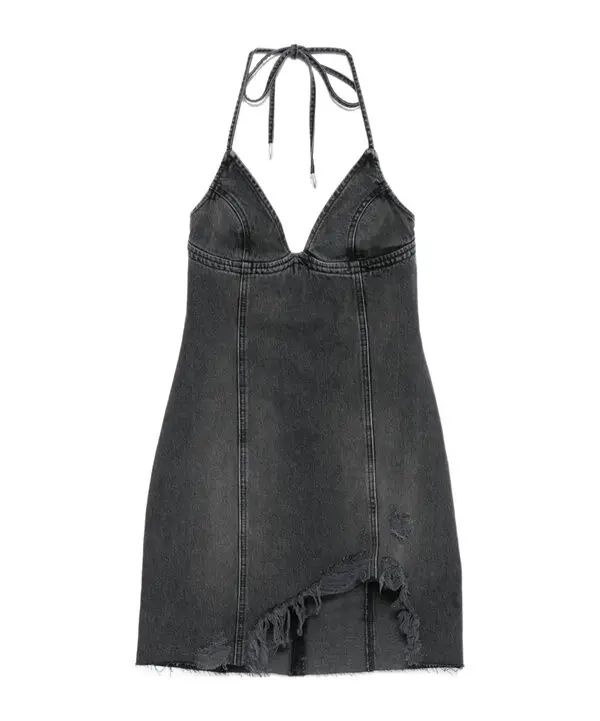 Blumarine Halterneck Frayed Denim Dress - Black