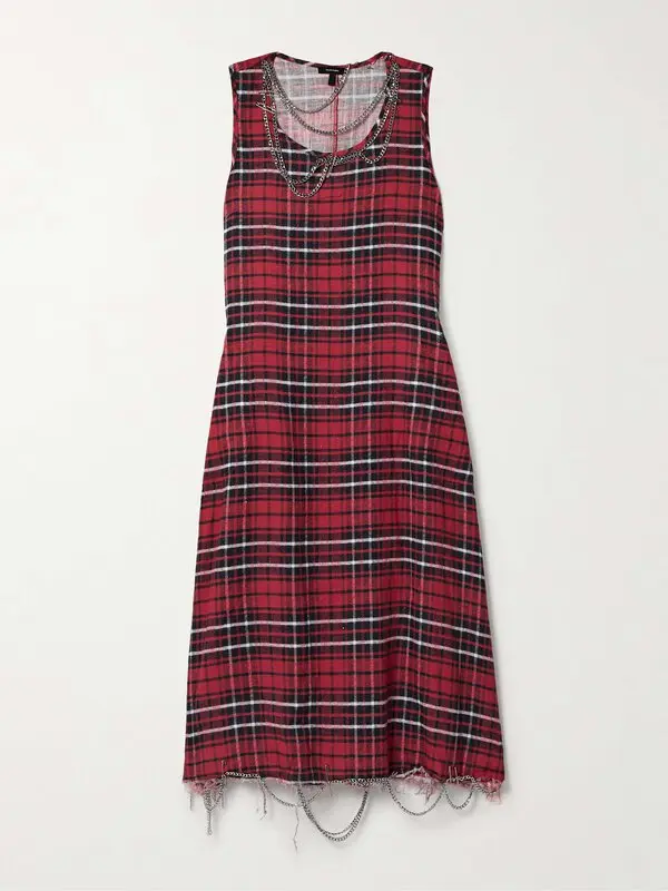 R13 Plaid Sleeveless Chain Embellished Midi Dress