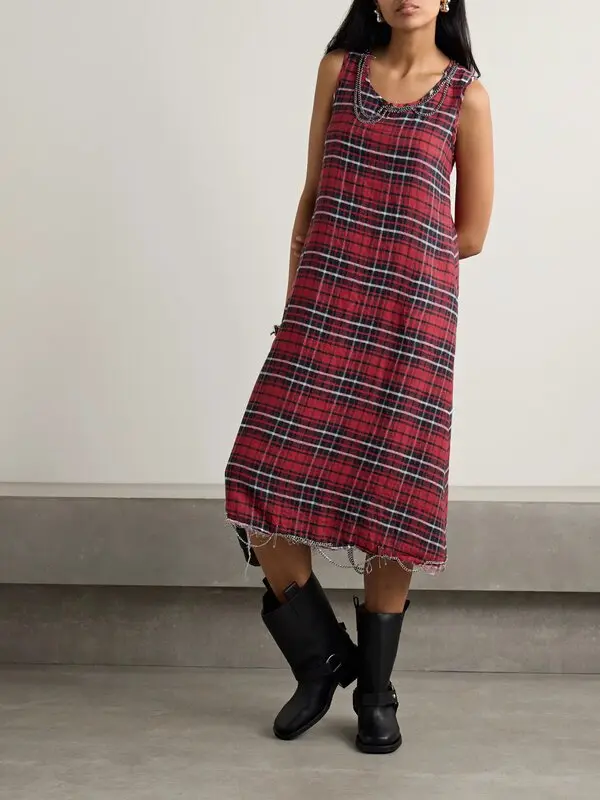 R13 Plaid Sleeveless Chain Embellished Midi Dress