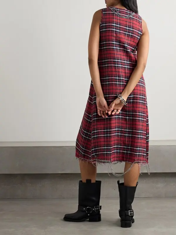 R13 Plaid Sleeveless Chain Embellished Midi Dress
