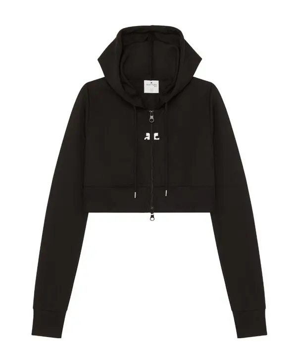 COURREGES Cropped Zipped Hoodie With Embroidered Logo - Black