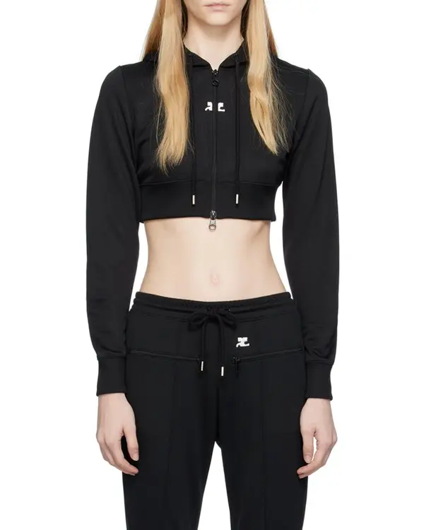 COURREGES Cropped Zipped Hoodie With Embroidered Logo