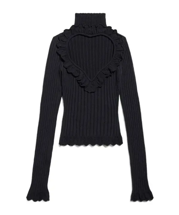 Balenciaga Heart Cut-out Ruffled Turtleneck Fine Knit Top