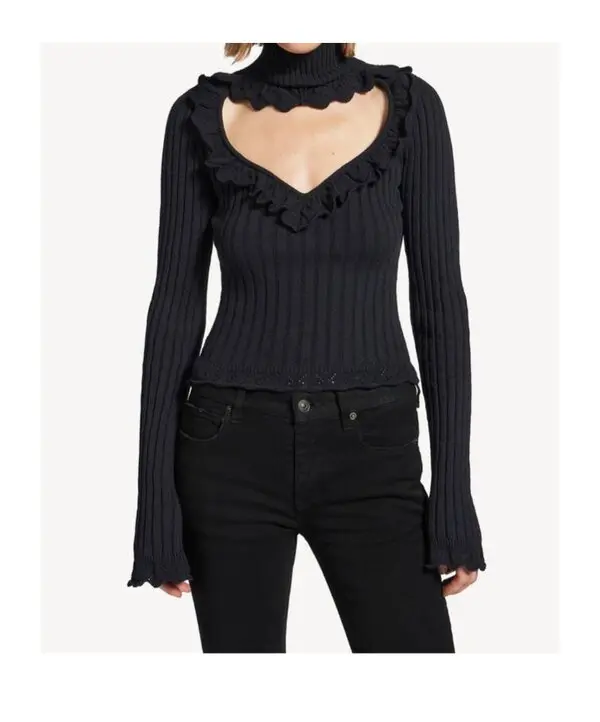 Balenciaga Heart Cut-out Ruffled Turtleneck Fine Knit Top