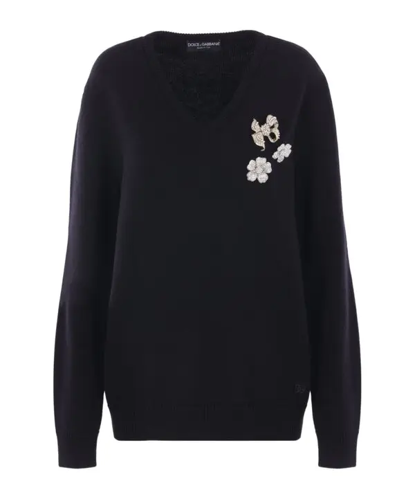 Dolce & Gabbana Embellished V-neck Knitted Pullover - Black