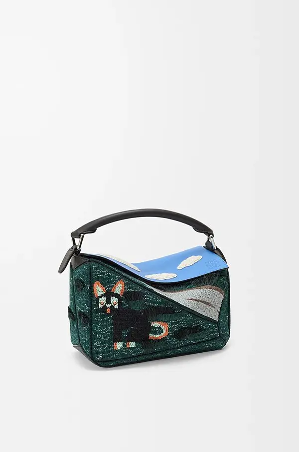 Loewe Petit Puzzle Futurist Cat Embroidered Jacquard And Calfskin Bag