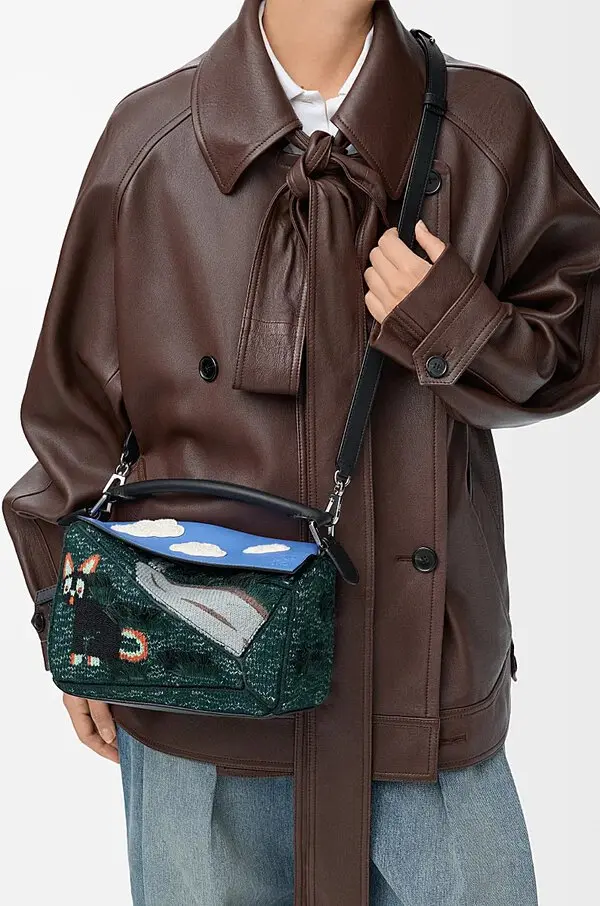 Loewe Petit Puzzle Futurist Cat Embroidered Jacquard And Calfskin Bag