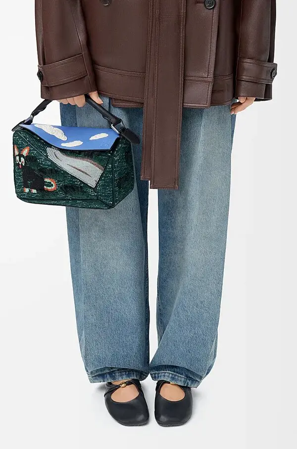 Loewe Petit Puzzle Futurist Cat Embroidered Jacquard And Calfskin Bag