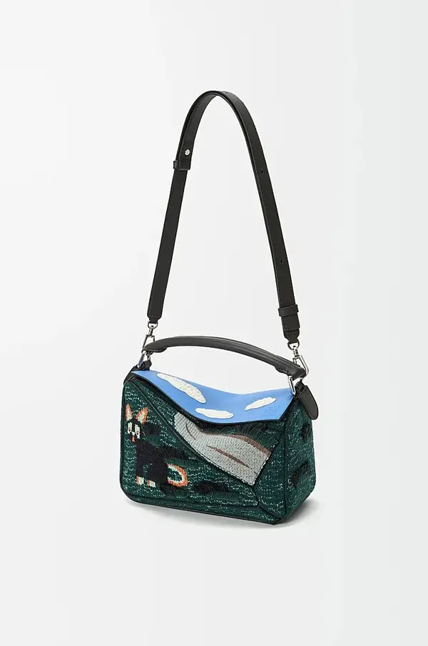 Loewe Petit Puzzle Futurist Cat Embroidered Jacquard And Calfskin Bag