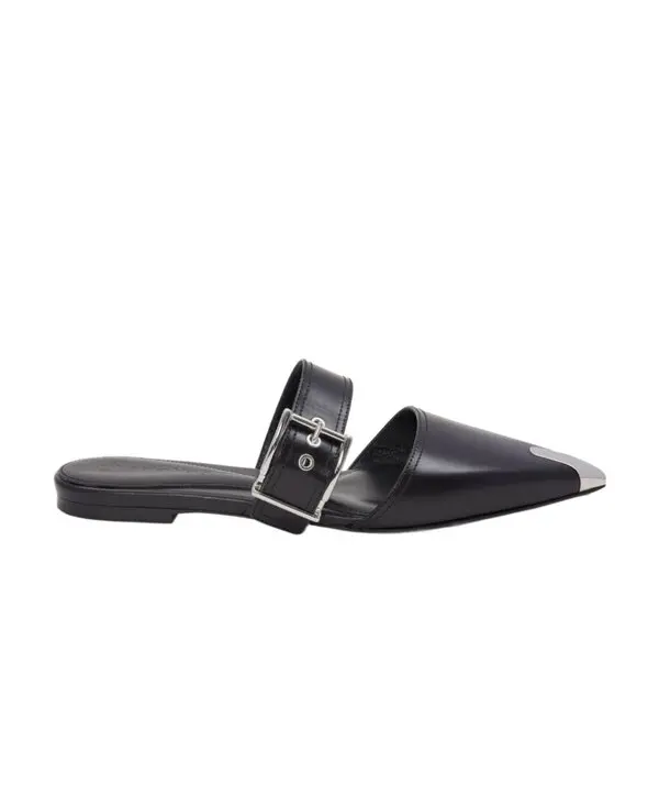 Alexander McQueen Punk Flat Mules With Silver Tone Toe - Black