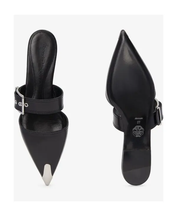 Alexander McQueen Punk Flat Mules With Silver Tone Toe - Black