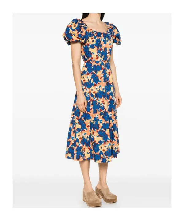 Ulla Johnson Imara Abstract Floral Print Puff Sleeve Midi Dress - Blue