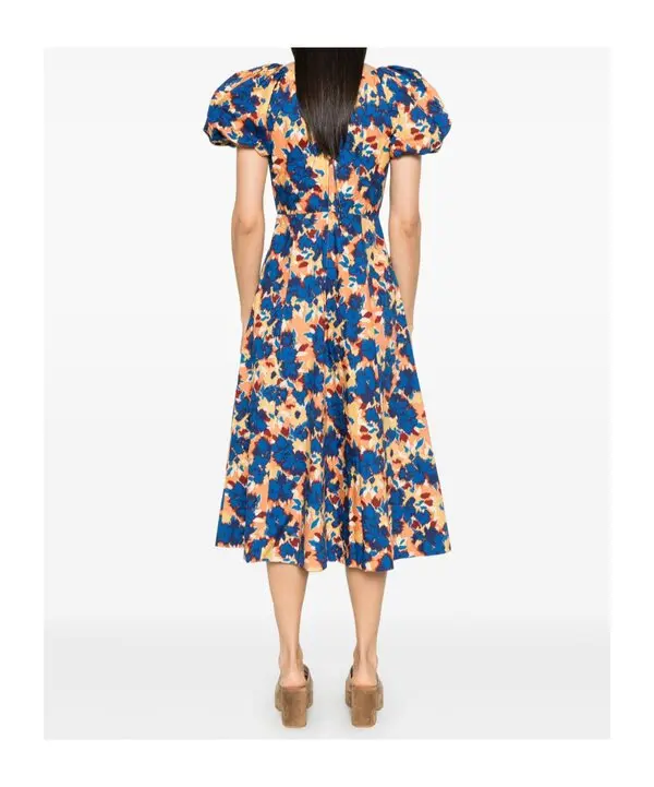 Ulla Johnson Imara Abstract Floral Print Puff Sleeve Midi Dress - Blue