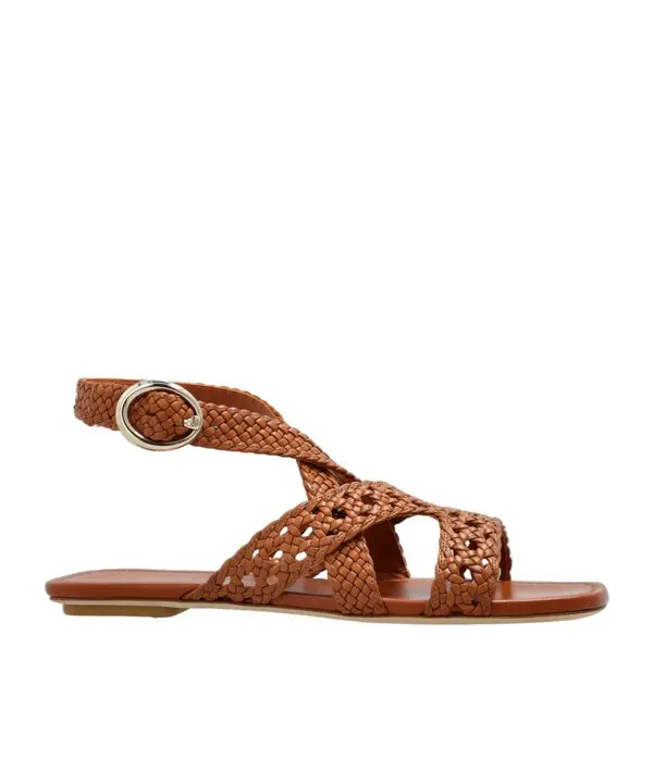 STUART WEITZMAN Square Toe Woven Flat Sandals With Buckle Detail - Brown