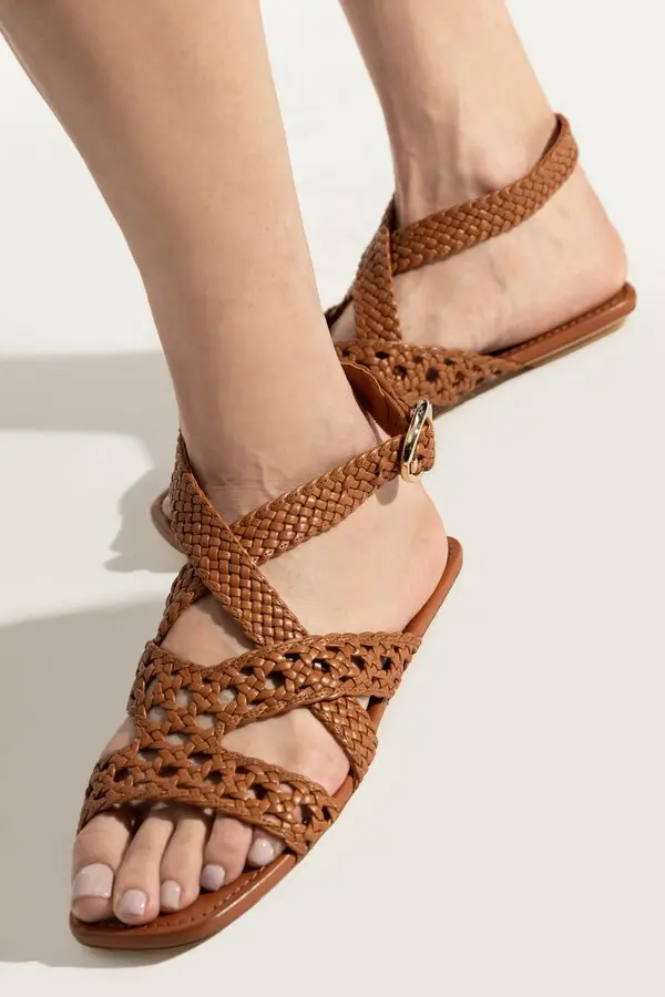 STUART WEITZMAN Square Toe Woven Flat Sandals With Buckle Detail - Brown