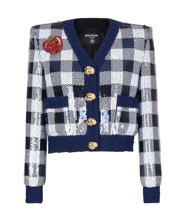Balmain Cropped Gingham Sequin Jacket - Navy Blue