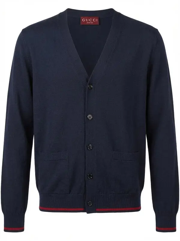 Gucci Wool Knit Cardigan With Web Trim - Dark Blue