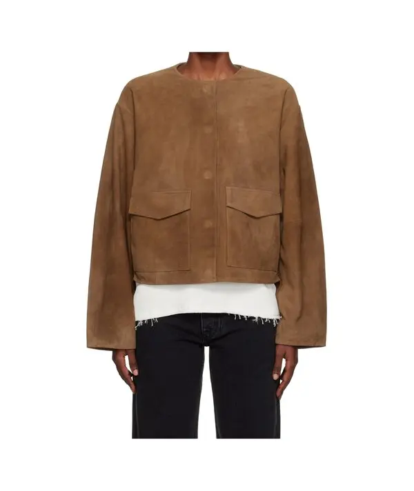 ST. AGNI Round Neck Long Sleeve Casual Jacket - Brown