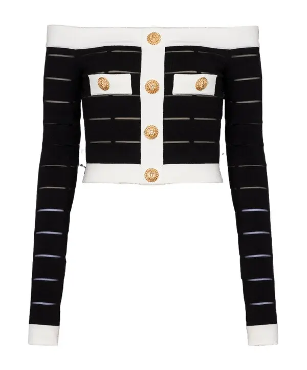 Balmain Off-shoulder Knit Top With Button Detail - Black