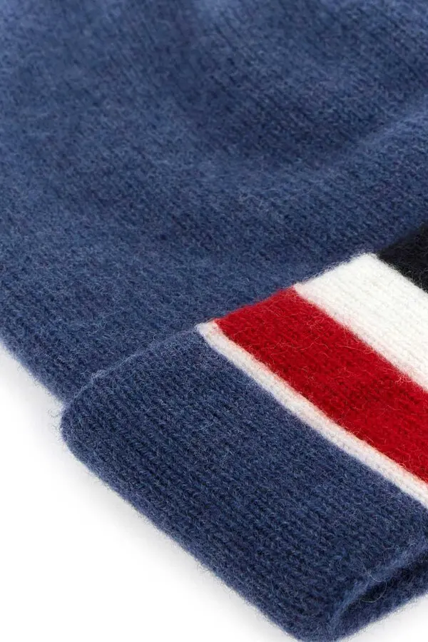 Thom Browne Knitted Beanie With Stripe Detail - Blue