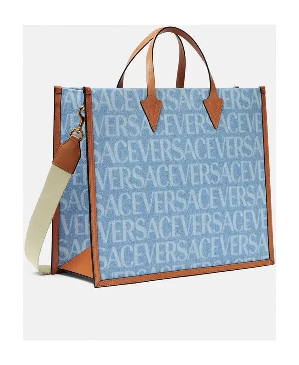 Versace Allover Printed Denim Top Handle Bag