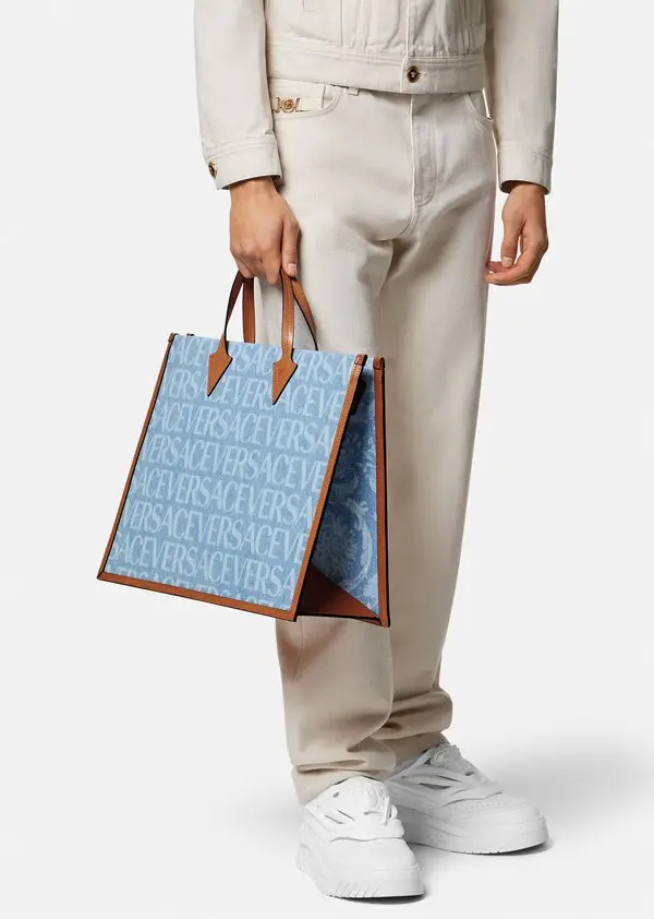 Versace Allover Printed Denim Top Handle Bag