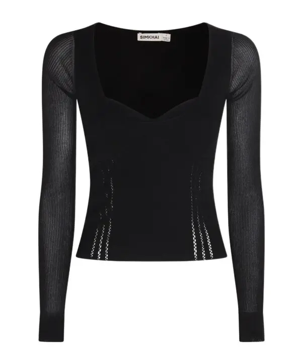 Simkhai Sweetheart Neck Fine Knit Top With Semi-sheer Sleeves