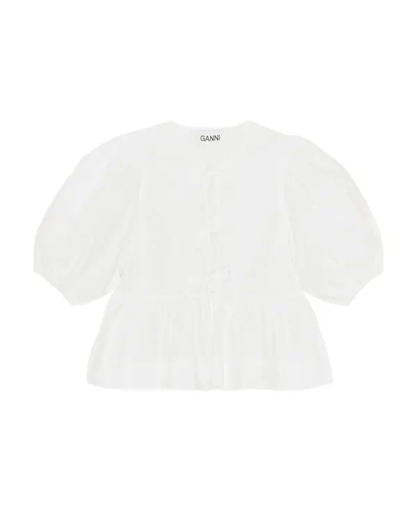 GANNI Poplin Peplum Tie Blouse - Bright White