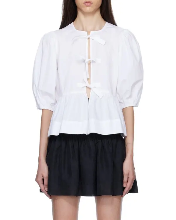 GANNI Poplin Peplum Tie Blouse - White