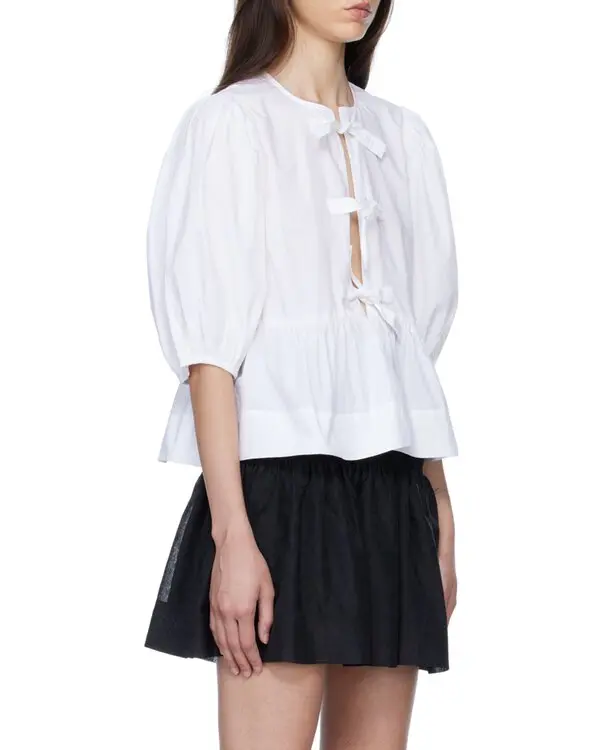 GANNI Poplin Peplum Tie Blouse - White