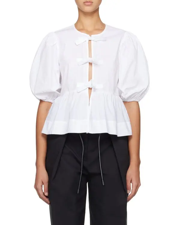 GANNI Poplin Peplum Tie Blouse - White