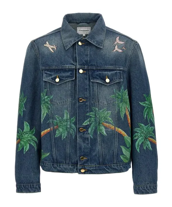 Casablanca Tennis Club Washed Denim Jacket With Palm Tree And Bird Embroidery