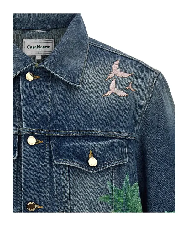 Casablanca Tennis Club Washed Denim Jacket With Palm Tree And Bird Embroidery
