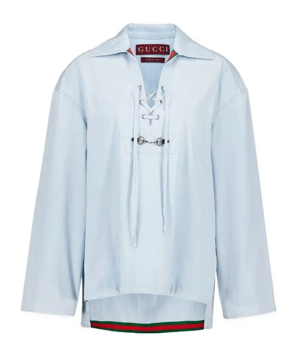 Gucci Web-stripe Denim Lace-up Shirt - Light Blue