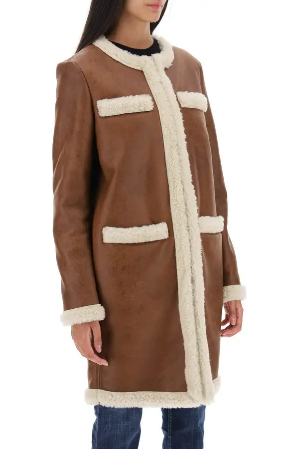 Dsquared2 Collarless Long-sleeved Coat With Faux Fur Trim