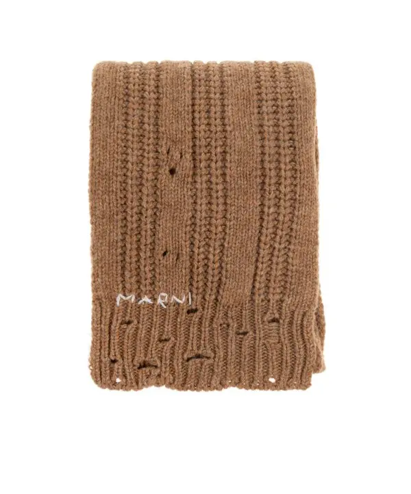 Marni Logo Embroidered Knitted Scarf - Brown