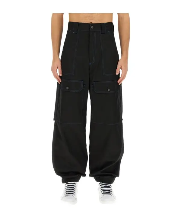 MSGM Contrast Stitch Logo Patch Cargo Trousers - Black
