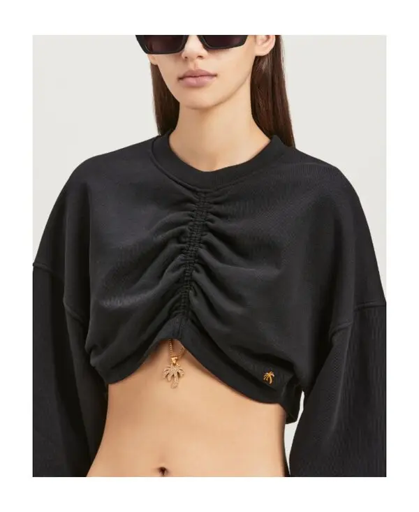 Palm Angels Ruched Detailed Palm Plaque Cropped Sweatshirt