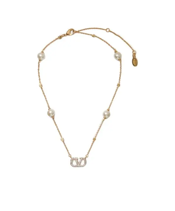 Valentino Garavani Vlogo Signature Embellished Necklace With Faux Pearls - Golden