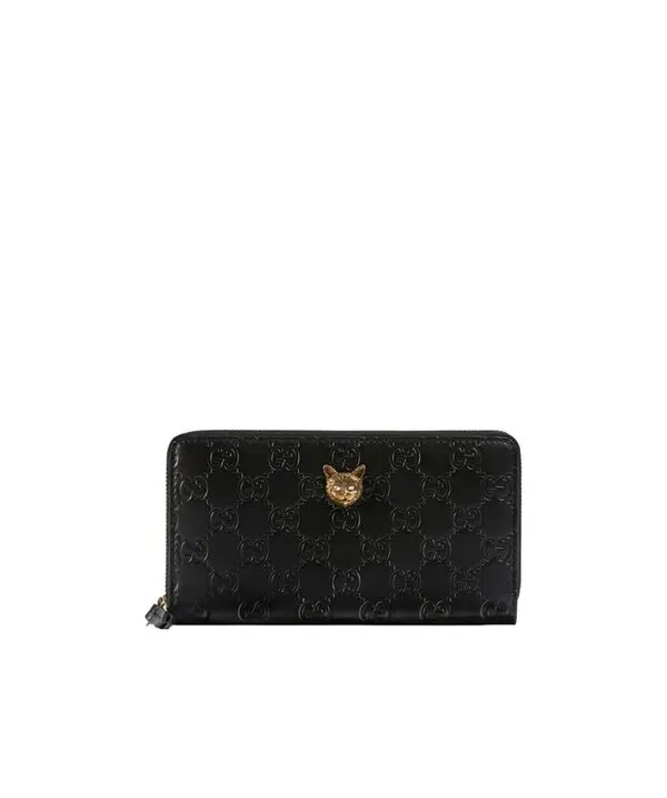 Gucci Cat Head Inlaid Zipper Wallet - Black