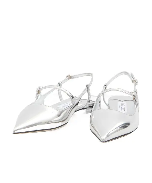 JIMMY CHOO Didi Pointed Toe Ballet Flats With Buckle Detail - Silver