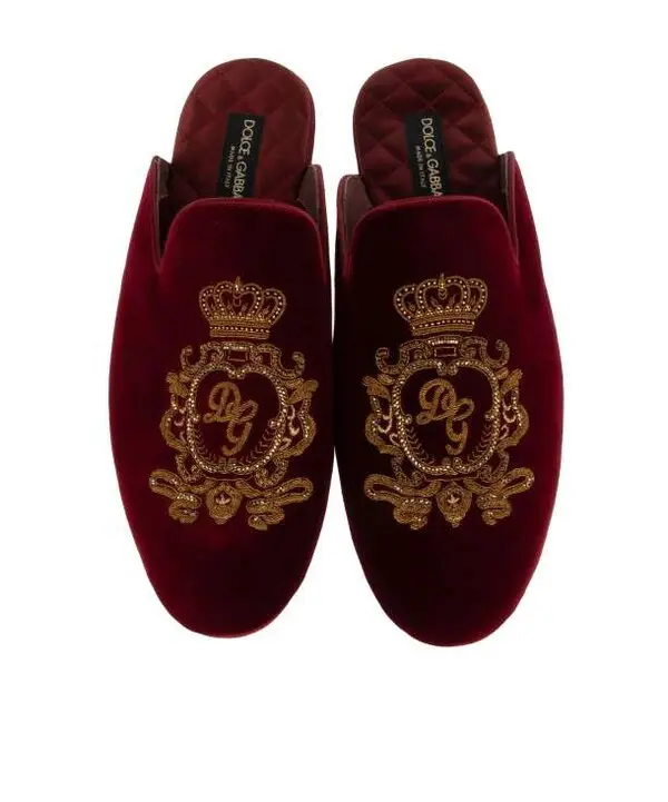 Dolce & Gabbana Velvet Dg Crown Embroidered Slides