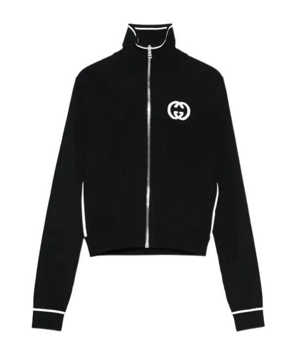 Gucci Ribbed Zip Jacket With Interlocking G Intarsia - Black