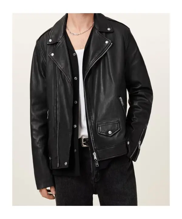 ALLSAINTS Classic Leather Biker Jacket With Metal Snaps